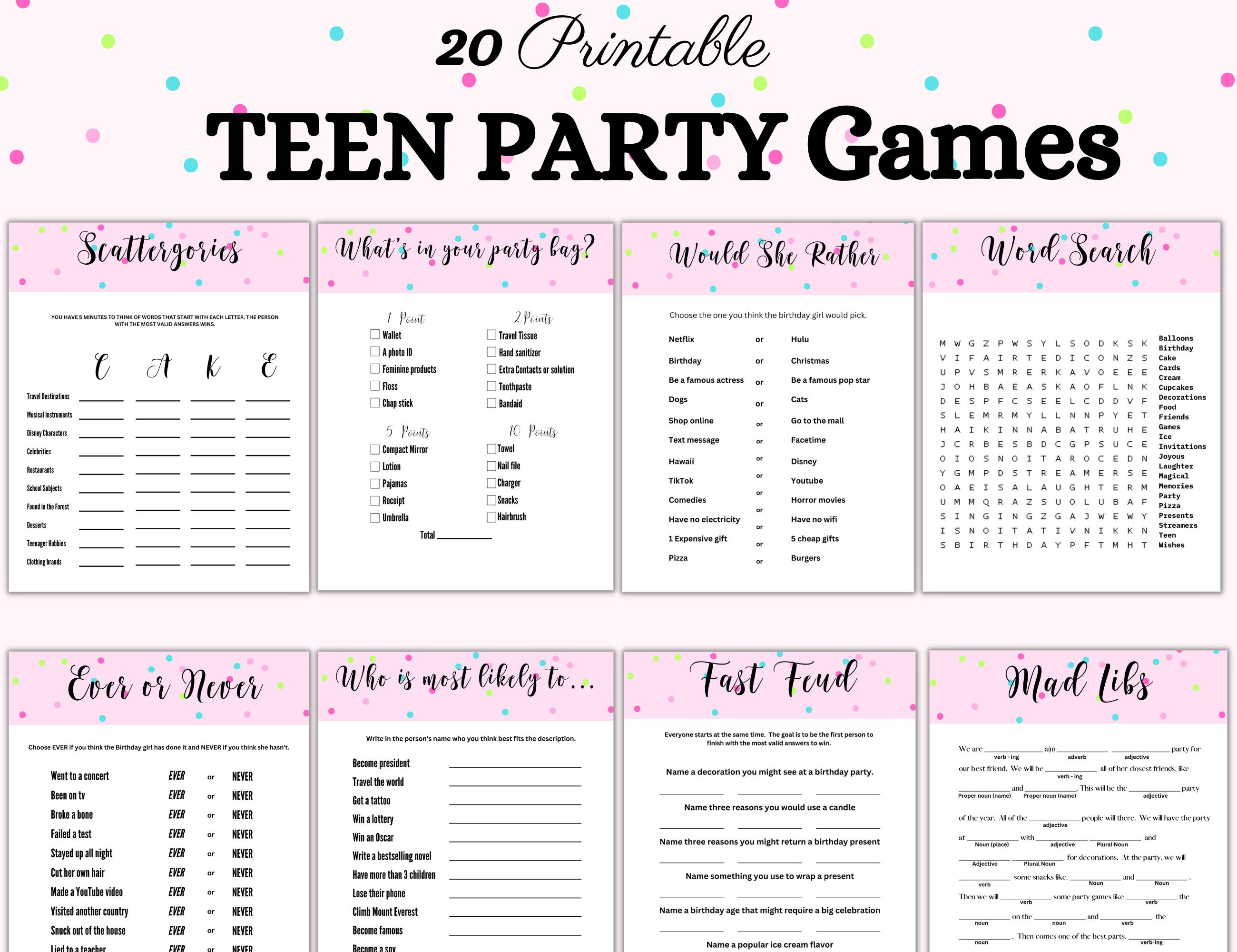 Printable Teen Birthday Game Bundle, Party Activities, Pink Birthday ...