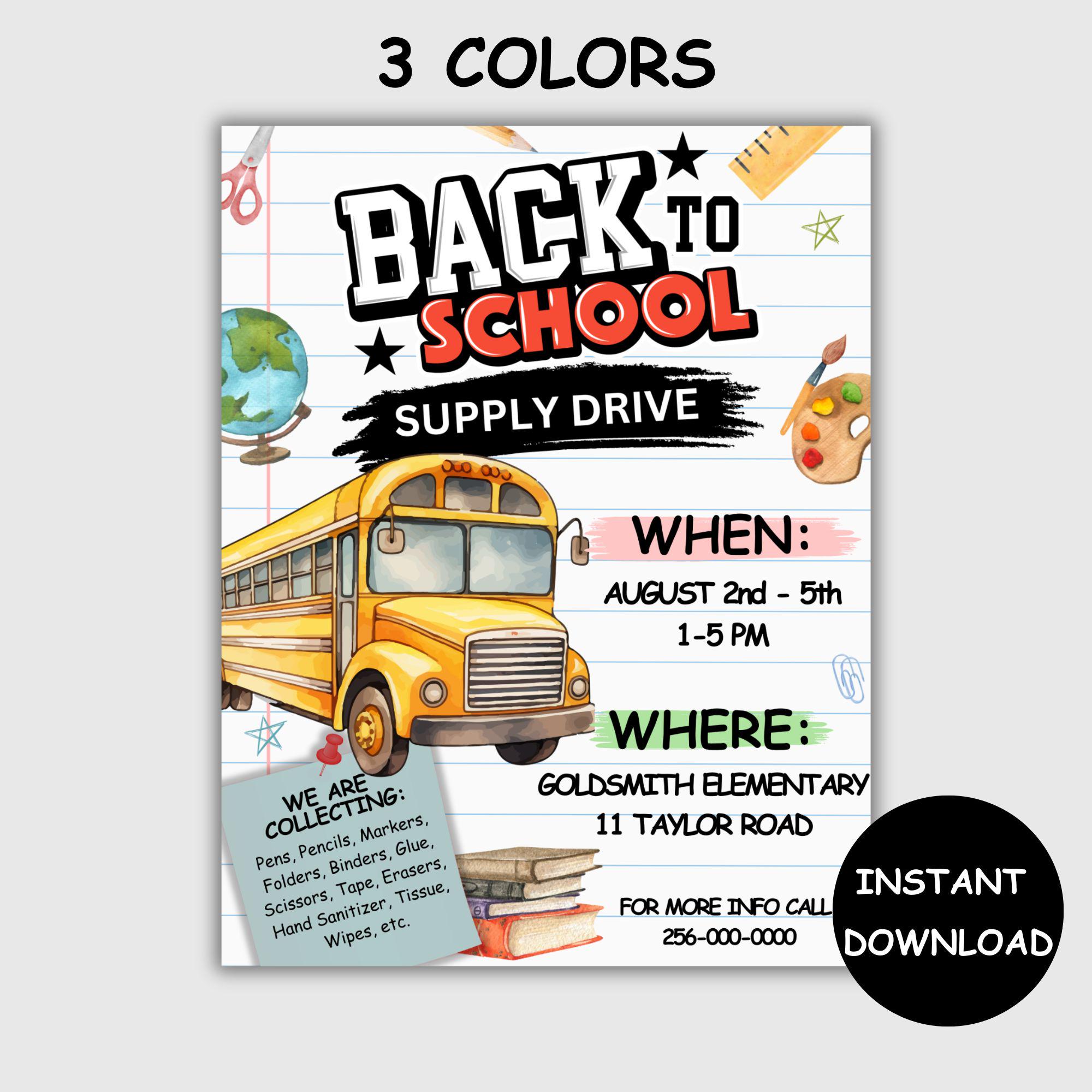 Editable School Supply Drive Flyer Canva Template, Back to School Drive ...
