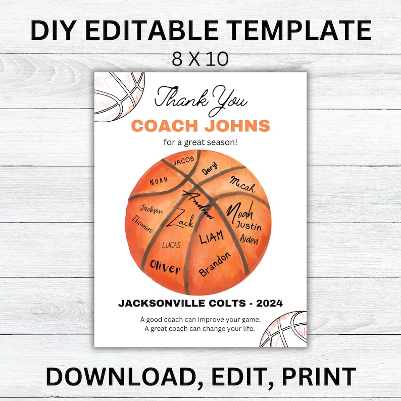 EDITABLE Basketball Coach Appreciation Printable, Team Gift Printable ...