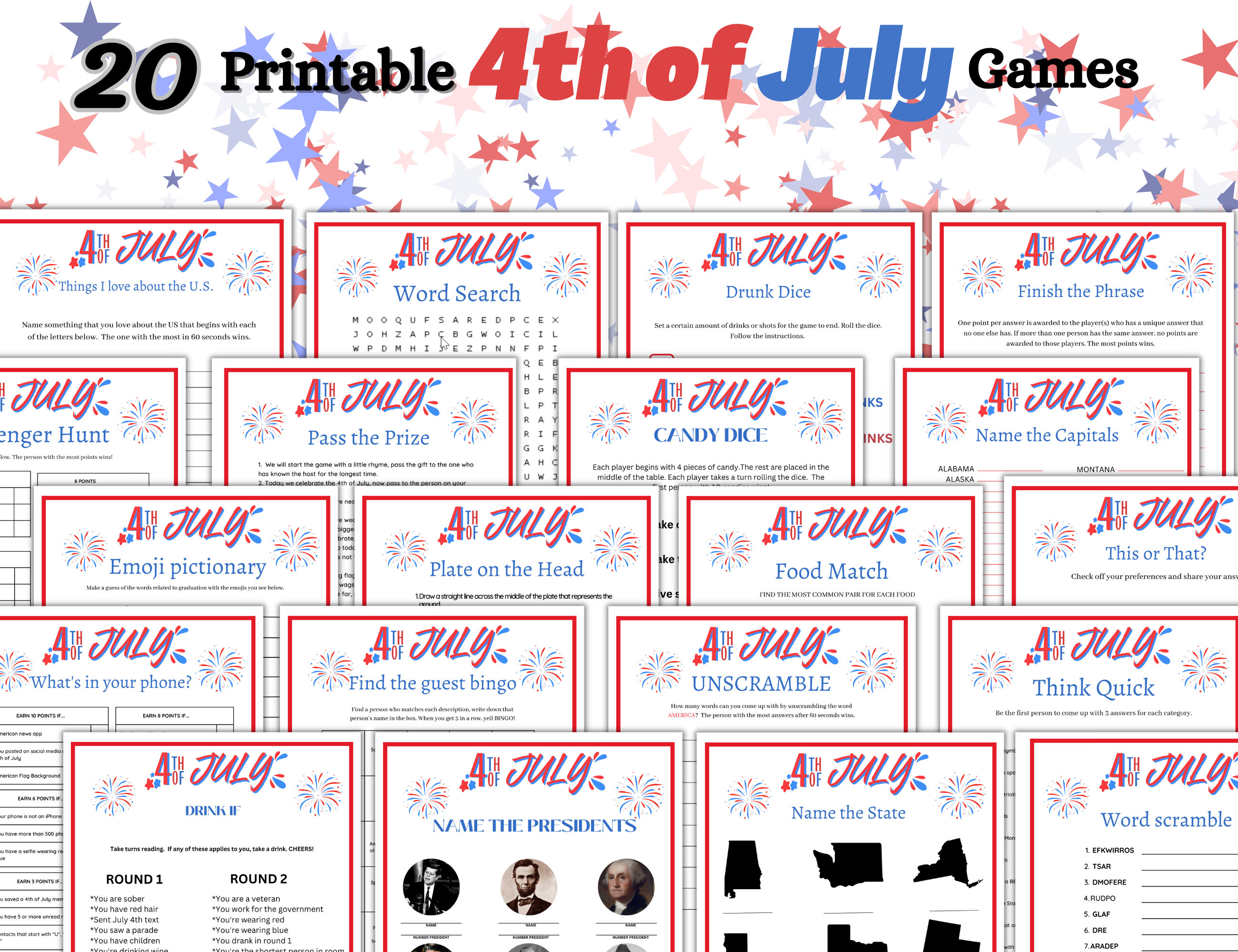 Fourth of July Game Bundle, Printable Family Games, Patriotic Party ...