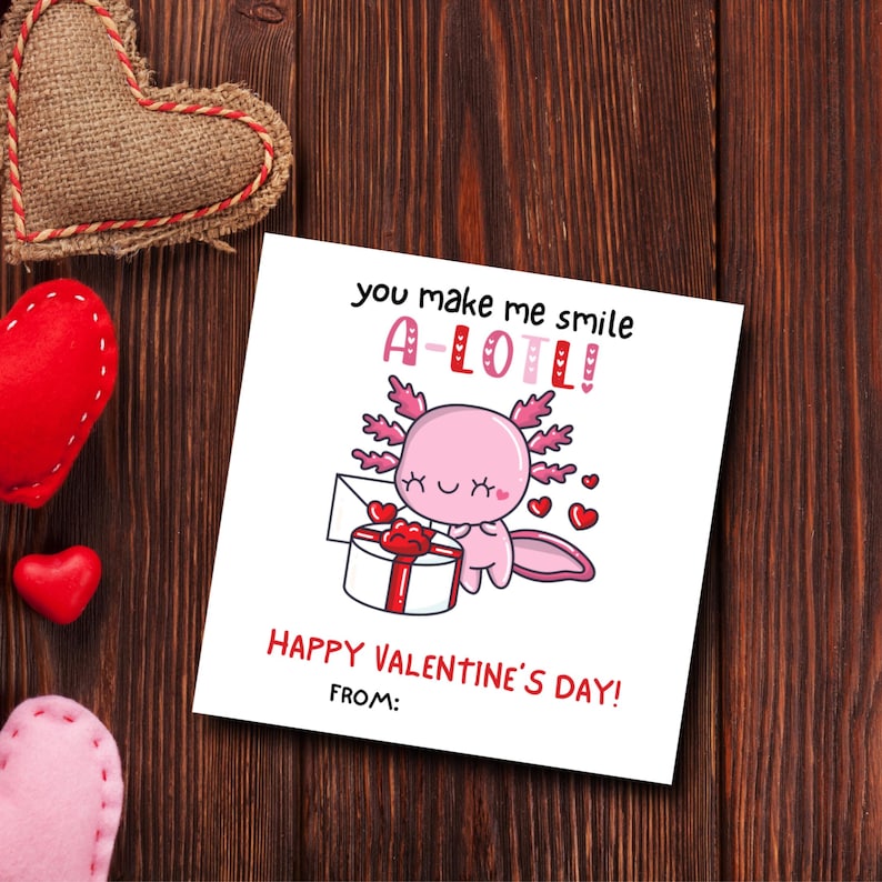 Axolotl Valentine's Printable, Kids Themed Valentine Cards for ...