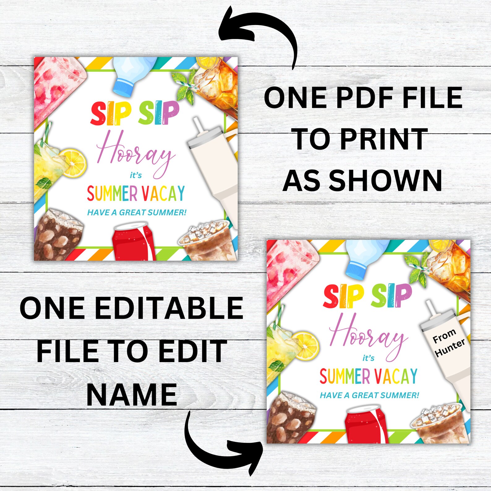 Editable Sip Sip Hooray Summer Vacay Gift Tag, Teacher Appreciation ...