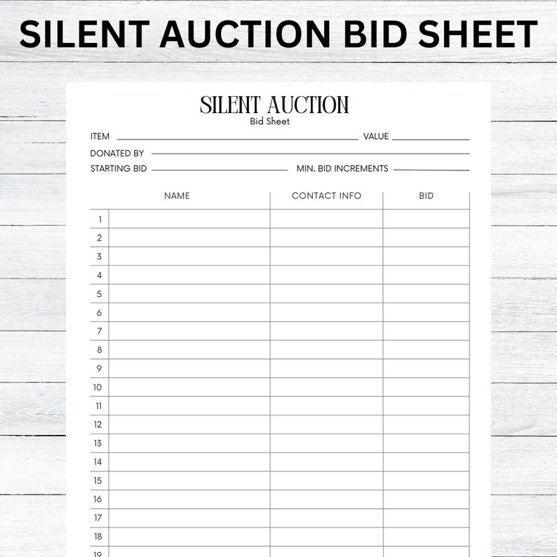 Silent Auction Bid Sheet, Silent Auction Sign up Sheet, Fundraiser ...