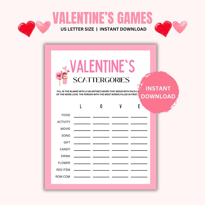 Scattergories Valentine's Party Game, Valentines Party Game and ...