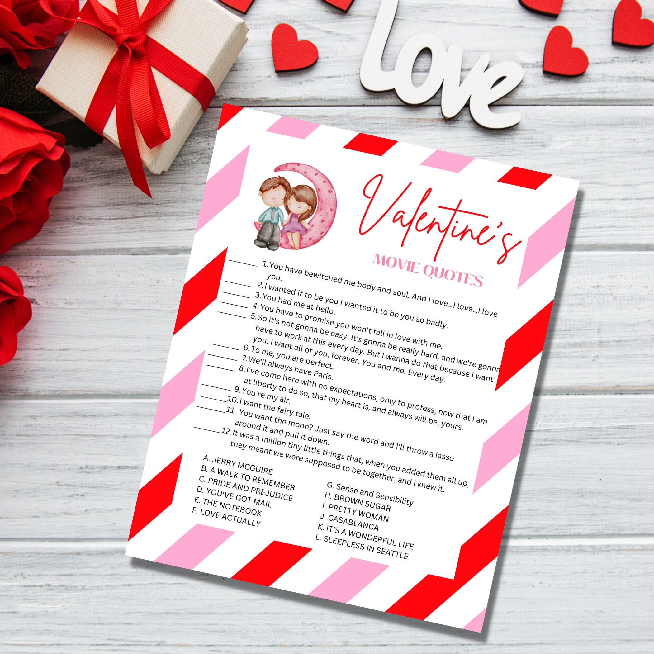 Printable Valentine's Day Game, MOVIE QUOTES Party Game and Activity ...