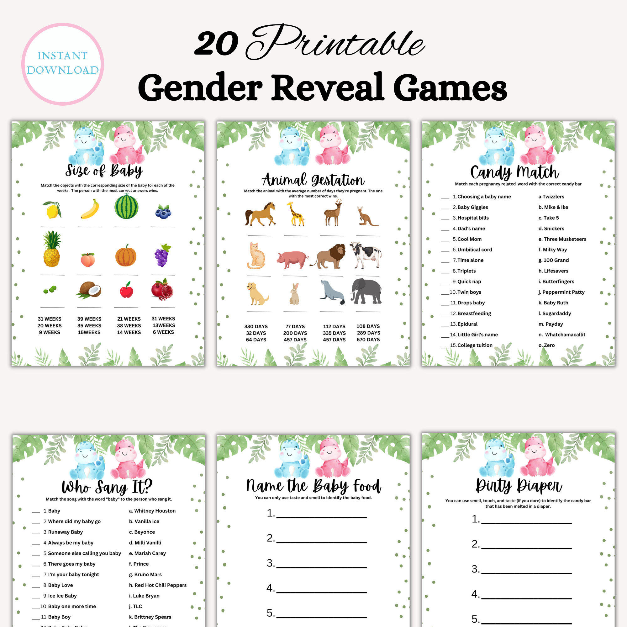 20 Gender Reveal Games Pink and Blue DINOSAURS Perfect for Reveal Party ...
