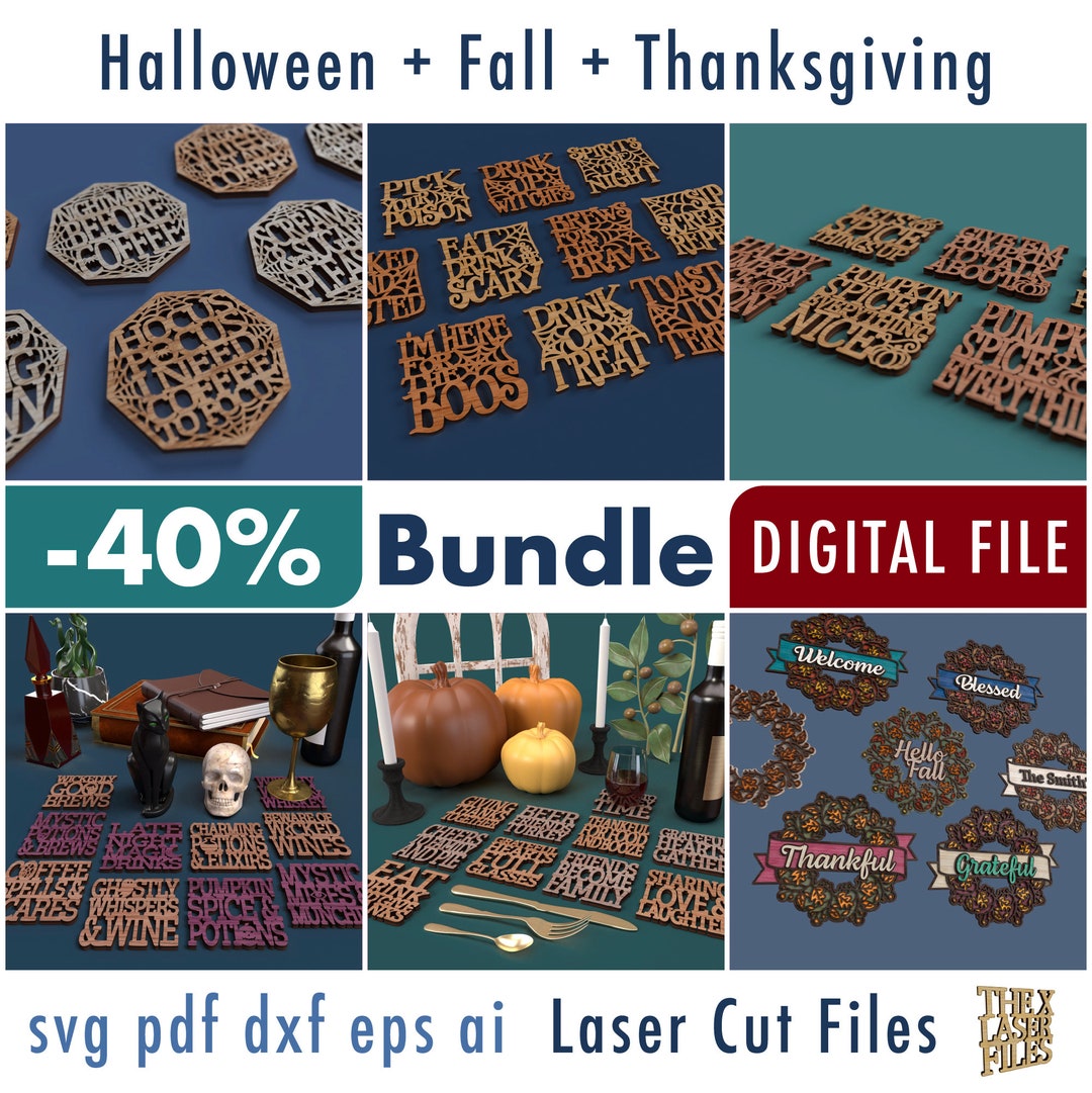 Fall Thanksgiving Laser Cut File Bundle: Coasters and Wreath (digital ...