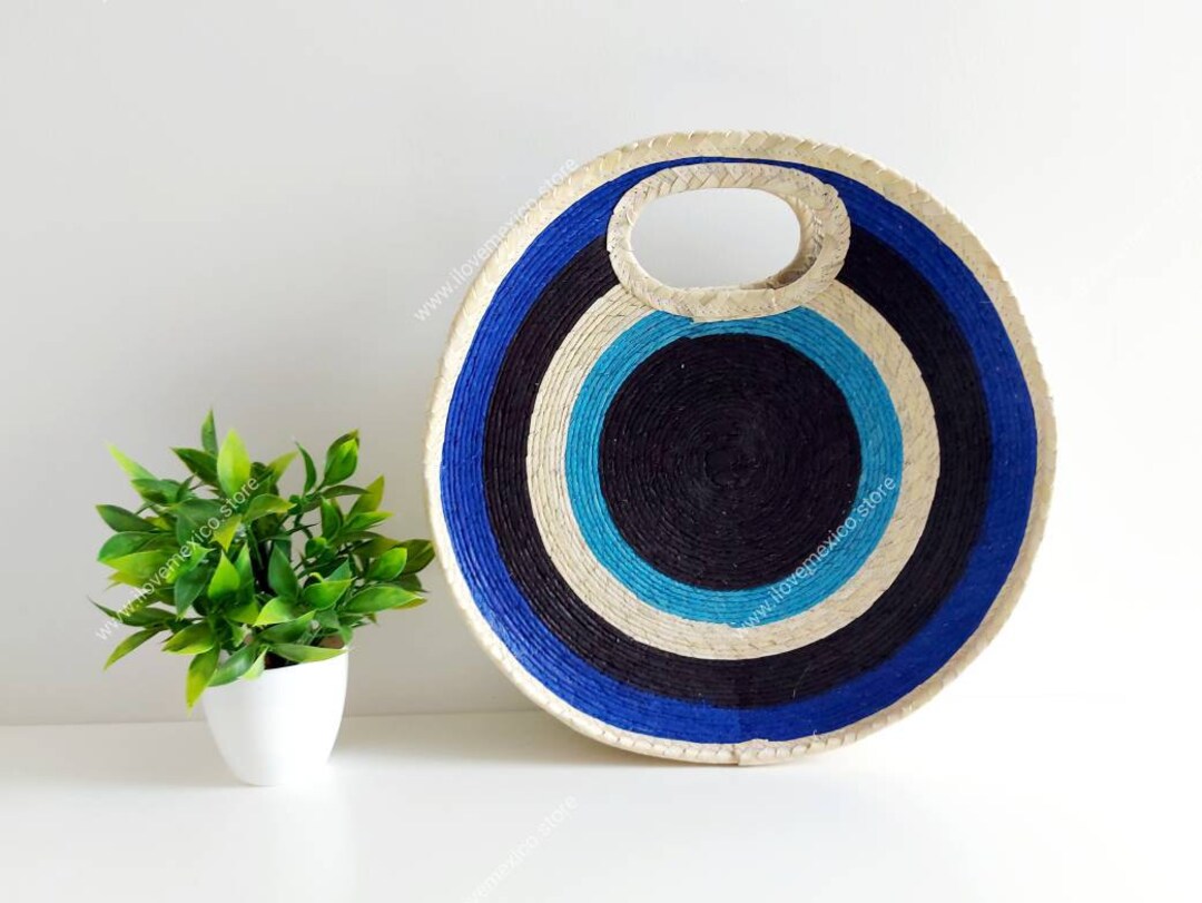 Dark Turquoise Straw Bag / Round Market Bag / Mexican Beach Bag ...