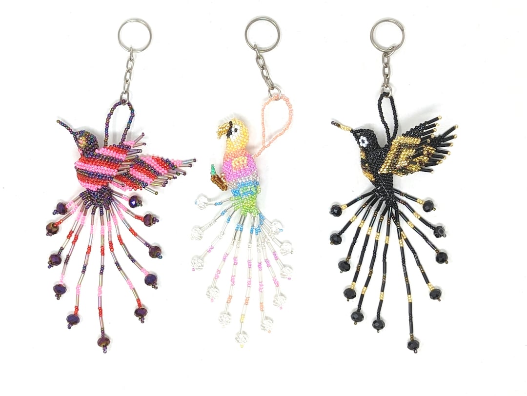 Glass Bead Bird Keychain / Mexican Parrot Keychains / Hummingbird ...
