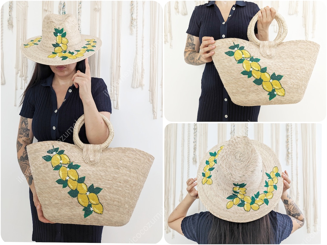 Hand Painted Straw Bag and Matching Hat / Beach Bag With Lemon ...