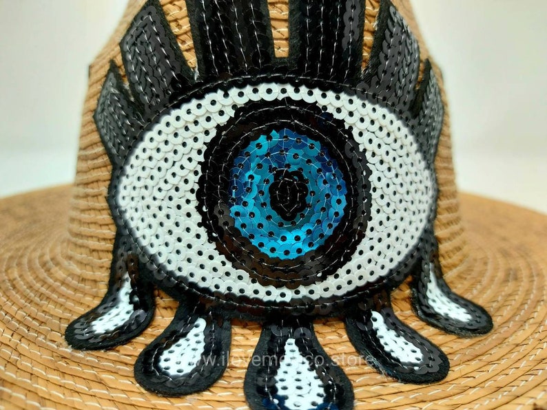 Straw Hat With Evil Eye Patch / Hand Made Summer Hat - Etsy