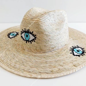 Hand Embroidered Hat With Evil Eye Decoration / Straw Hat With - Etsy