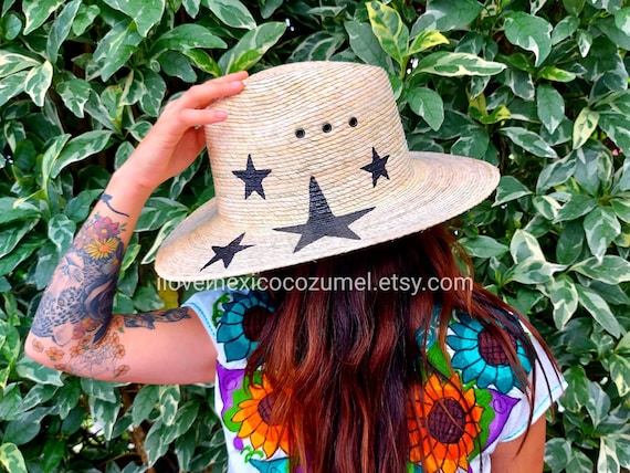 Hand Painted Hat With Stars / Straw Hat With Star Decor - Etsy