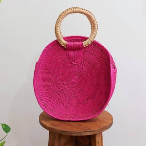 Round pink straw bag / round market bag / mexican beach bag / | Etsy