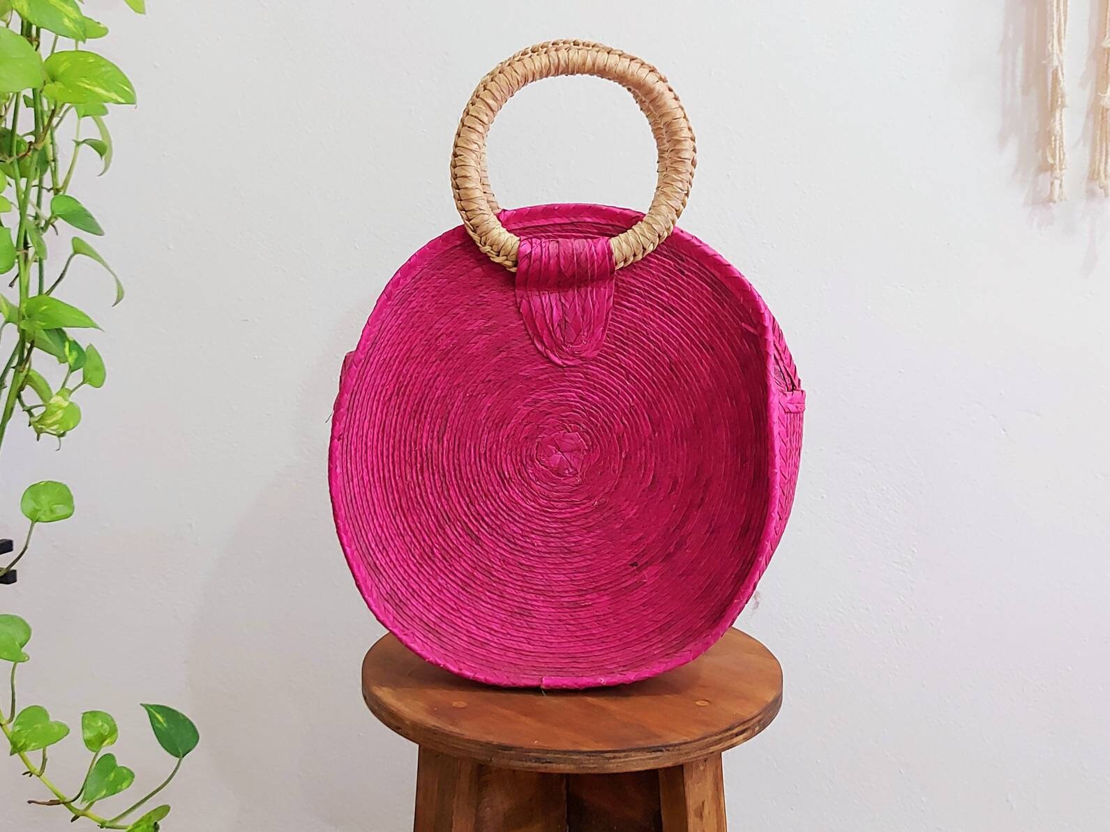 Round pink straw bag / round market bag / mexican beach bag / | Etsy