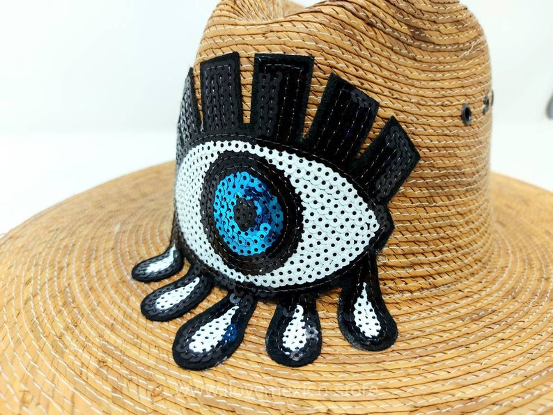 Straw Hat With Evil Eye Patch / Hand Made Summer Hat - Etsy