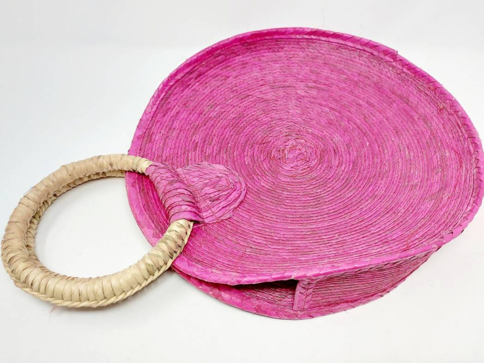 Round pink straw bag / round market bag / mexican beach bag / | Etsy