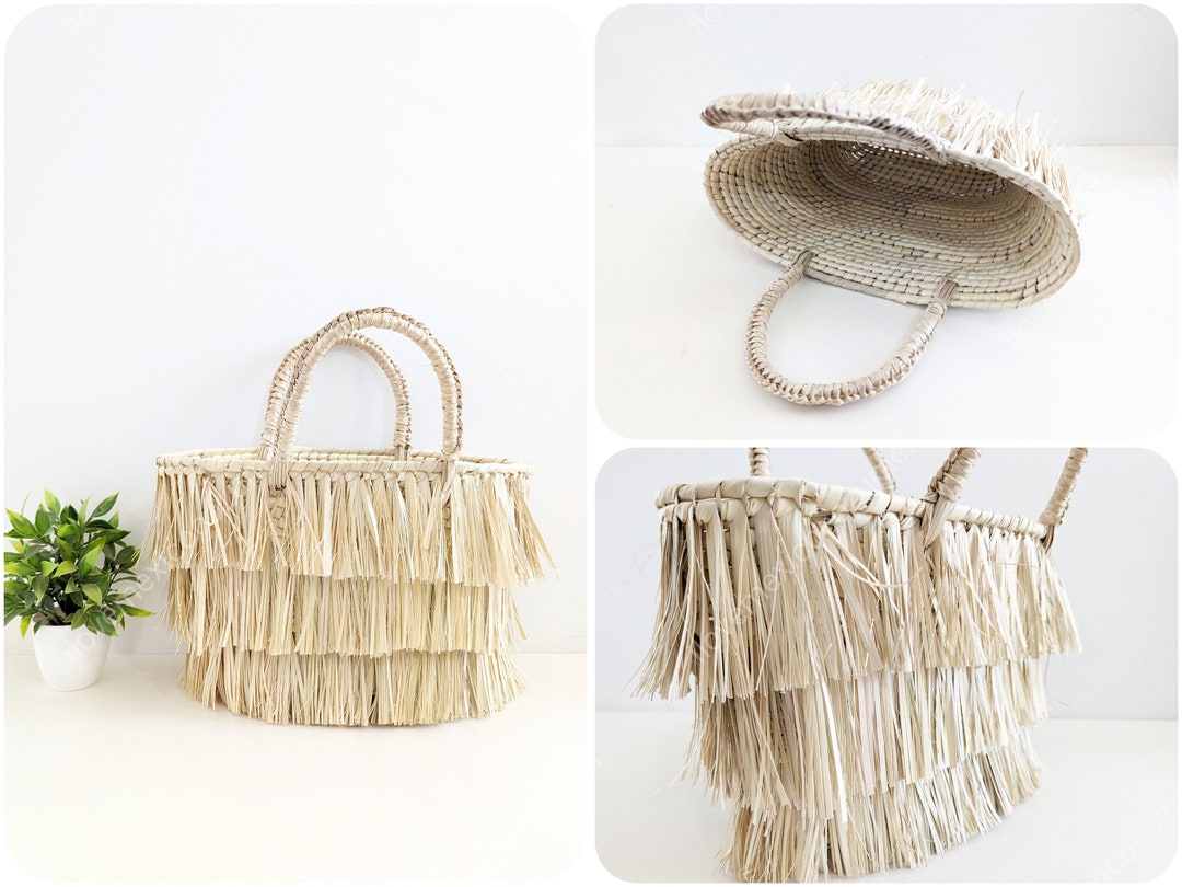 Rectangular Straw Beach Basket With Fringes / Market Straw Bag ...