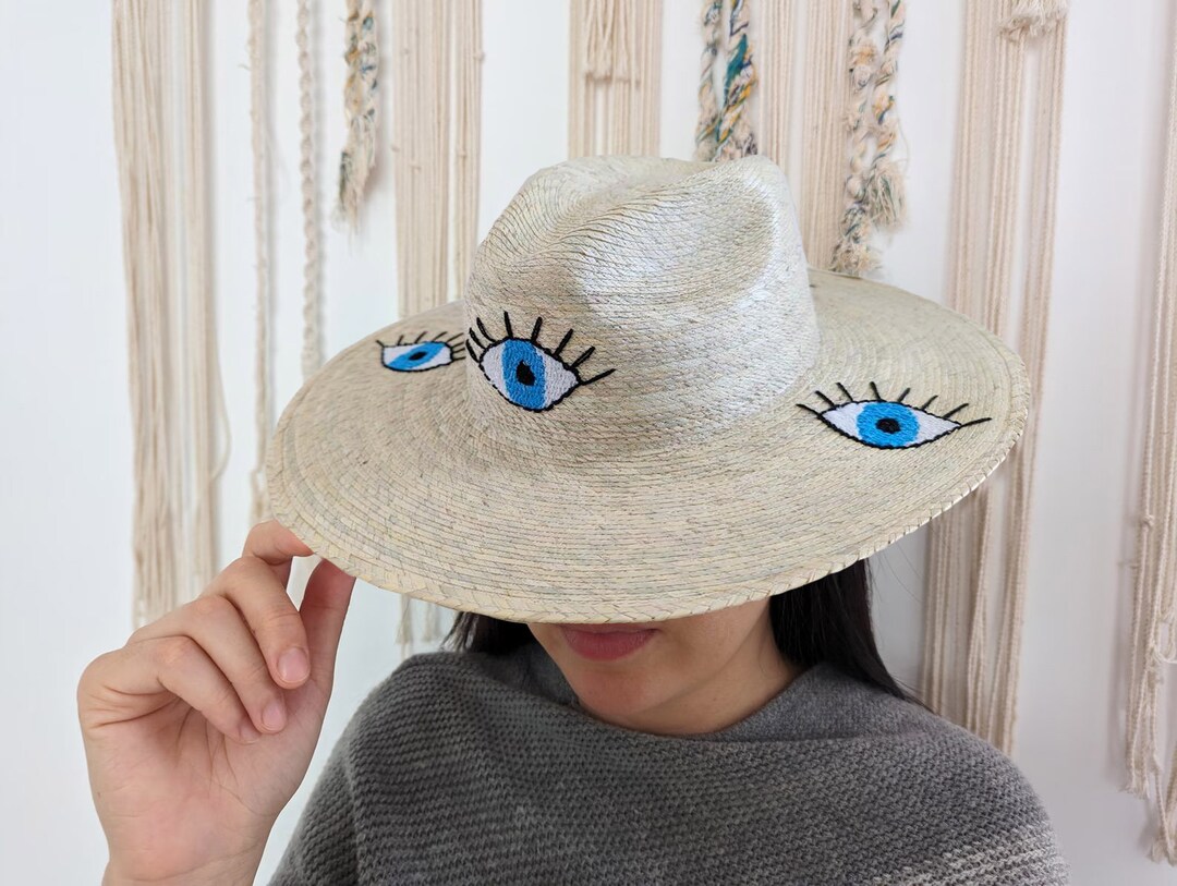 Hand Embroidered Hat With Evil Eye Decoration / Straw Hat With Eye ...