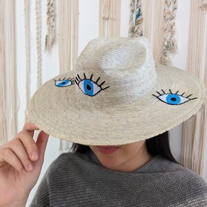Hand Embroidered Hat With Evil Eye Decoration / Straw Hat With Eye ...