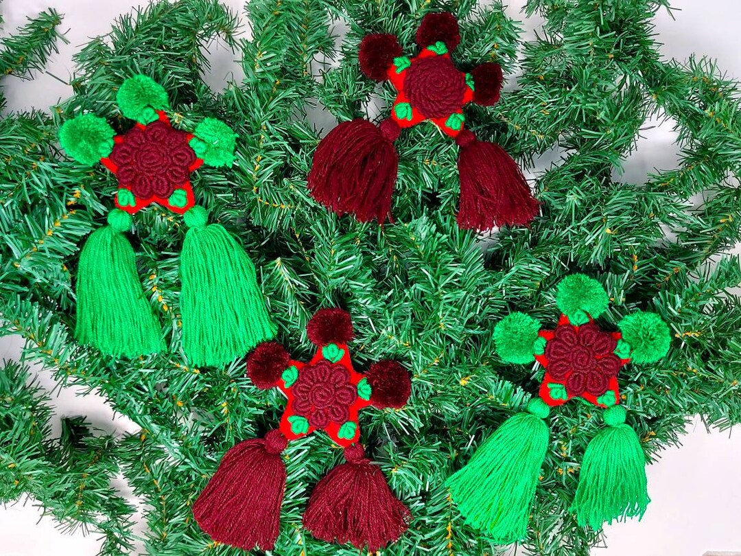 Set of 4 Christmas Star Ornament / Mexican Embroidered Star / Hand Made ...