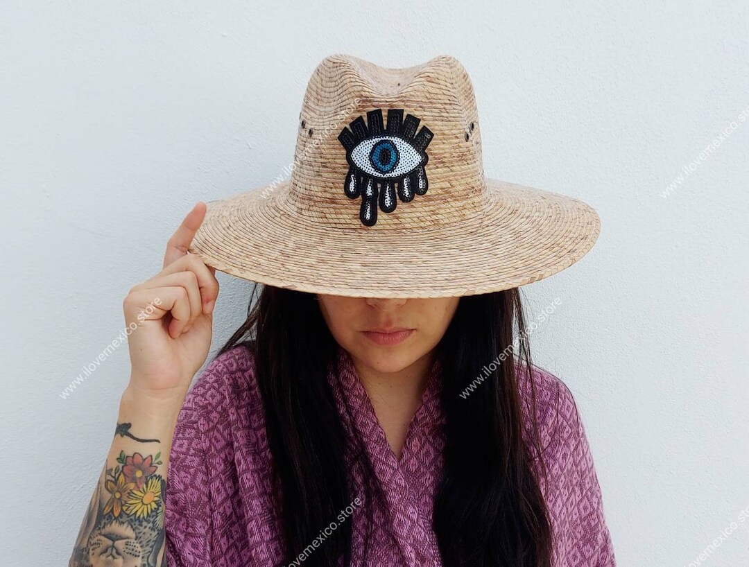 Straw Hat With Evil Eye Patch / Hand Made Summer Hat - Etsy