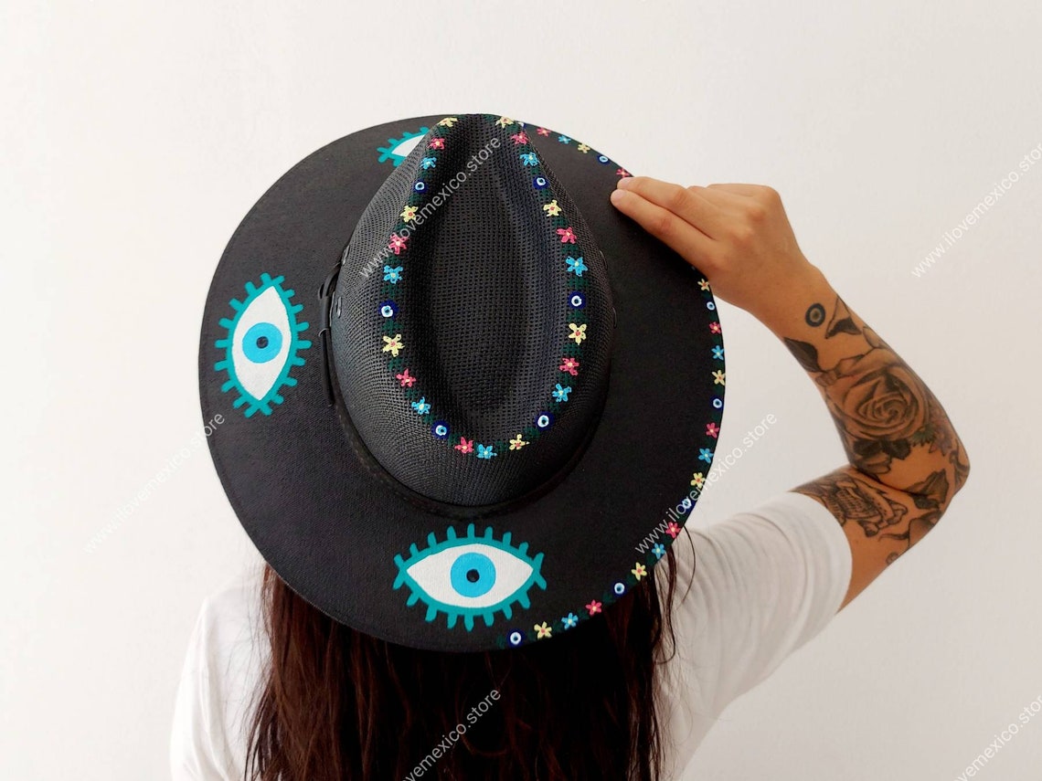 Mexican Straw Hat With Hand Painted Eye Decoration - Etsy