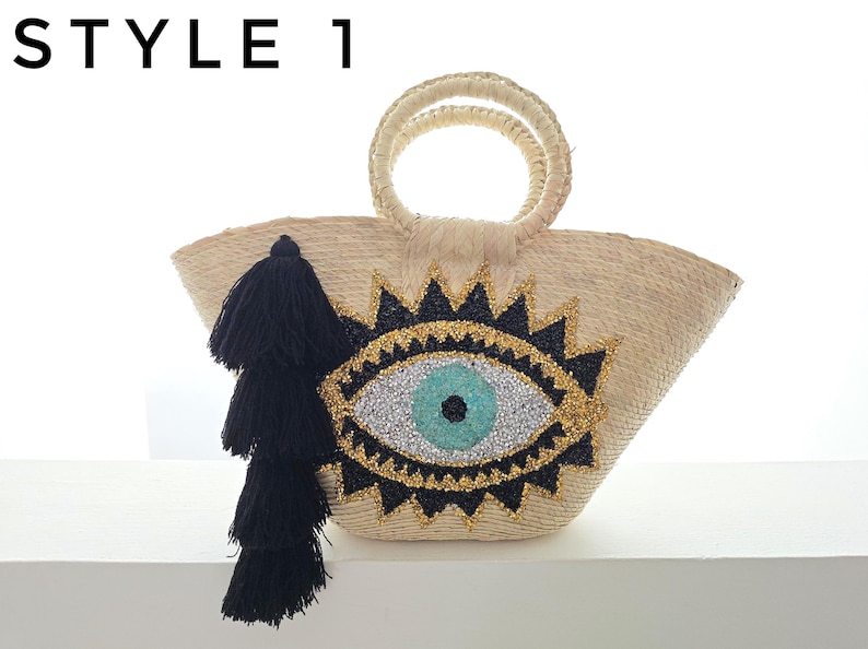 Small Size Evil Eye Straw Bag / Small Beach Tote With Sequin Decor - Etsy