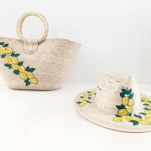 Hand Painted Straw Bag and Matching Hat / Beach Bag With Lemon ...