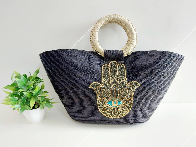 Straw Bag With Hamsa Hand Sequin Patch / Mexican Summer Bag - Etsy