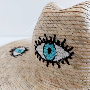 Hand Embroidered Hat With Evil Eye Decoration / Straw Hat With Eye ...