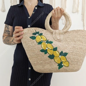 Hand Painted Straw Bag and Matching Hat / Beach Bag With Lemon ...