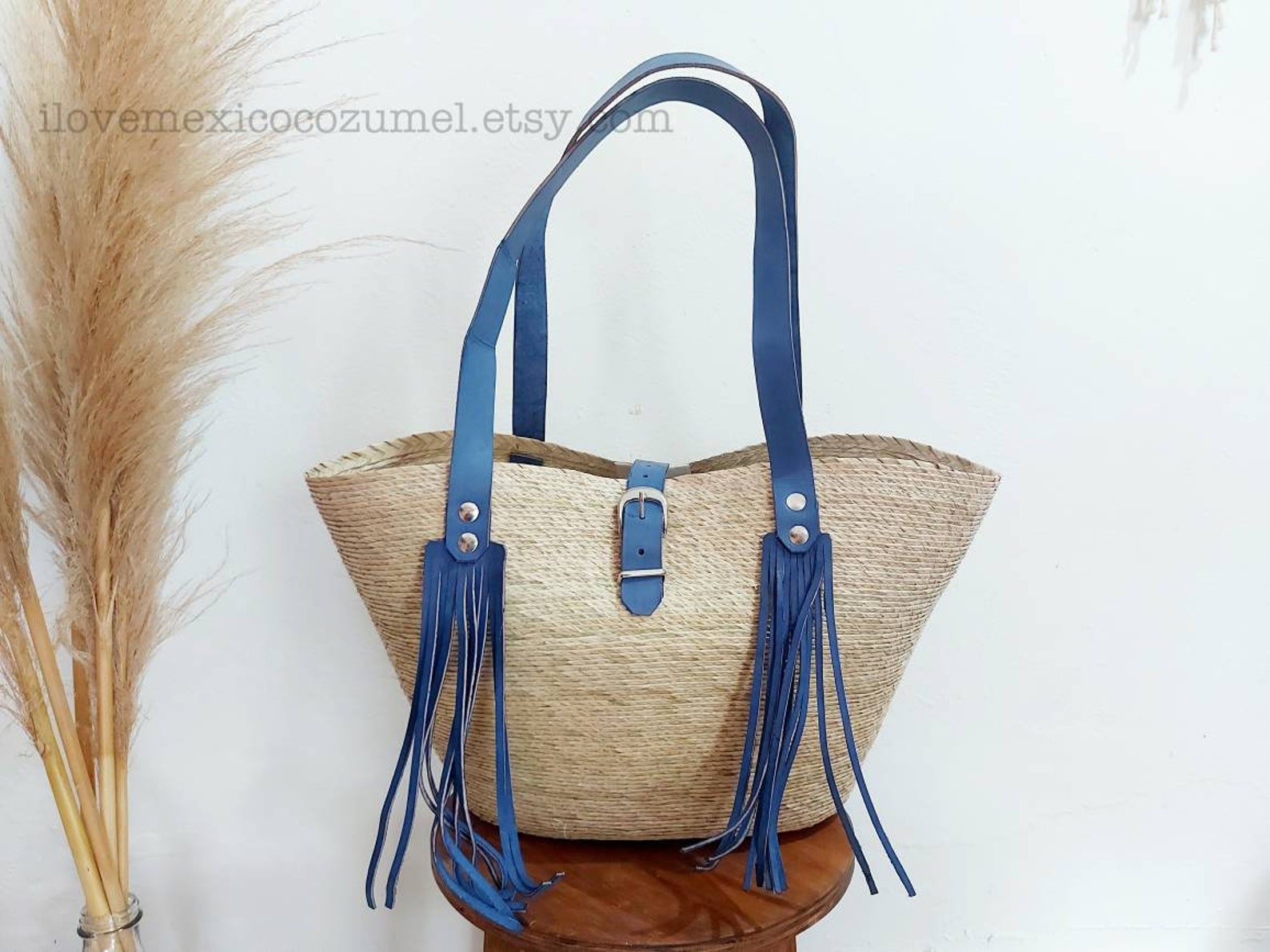 Large Beach Straw Bag With Leather Strap / Market Straw Bag / - Etsy