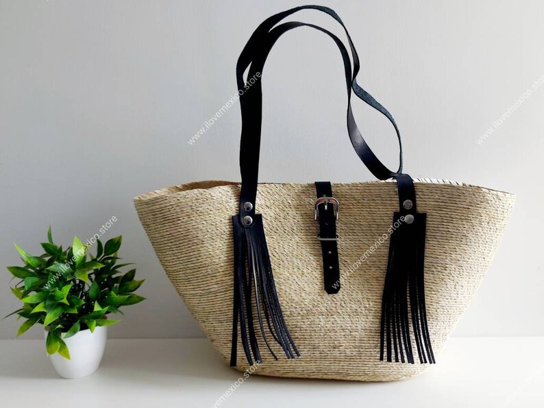 Large Beach Straw Bag With Leather Strap / Market Straw Bag / - Etsy
