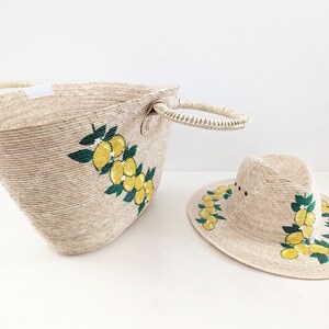 Hand Painted Straw Bag and Matching Hat / Beach Bag With Lemon ...