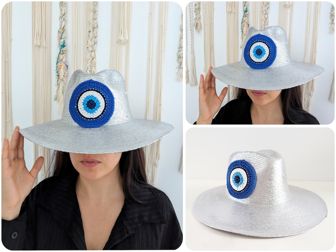 Silver Straw Hat With Crochet Patch / Silver Evil Eye Hat - Etsy