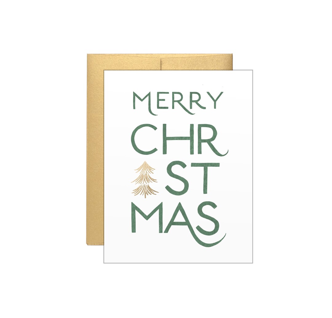 Merry Christmas Text - Gold Tree - Christmas Holiday Card - Letterpress ...