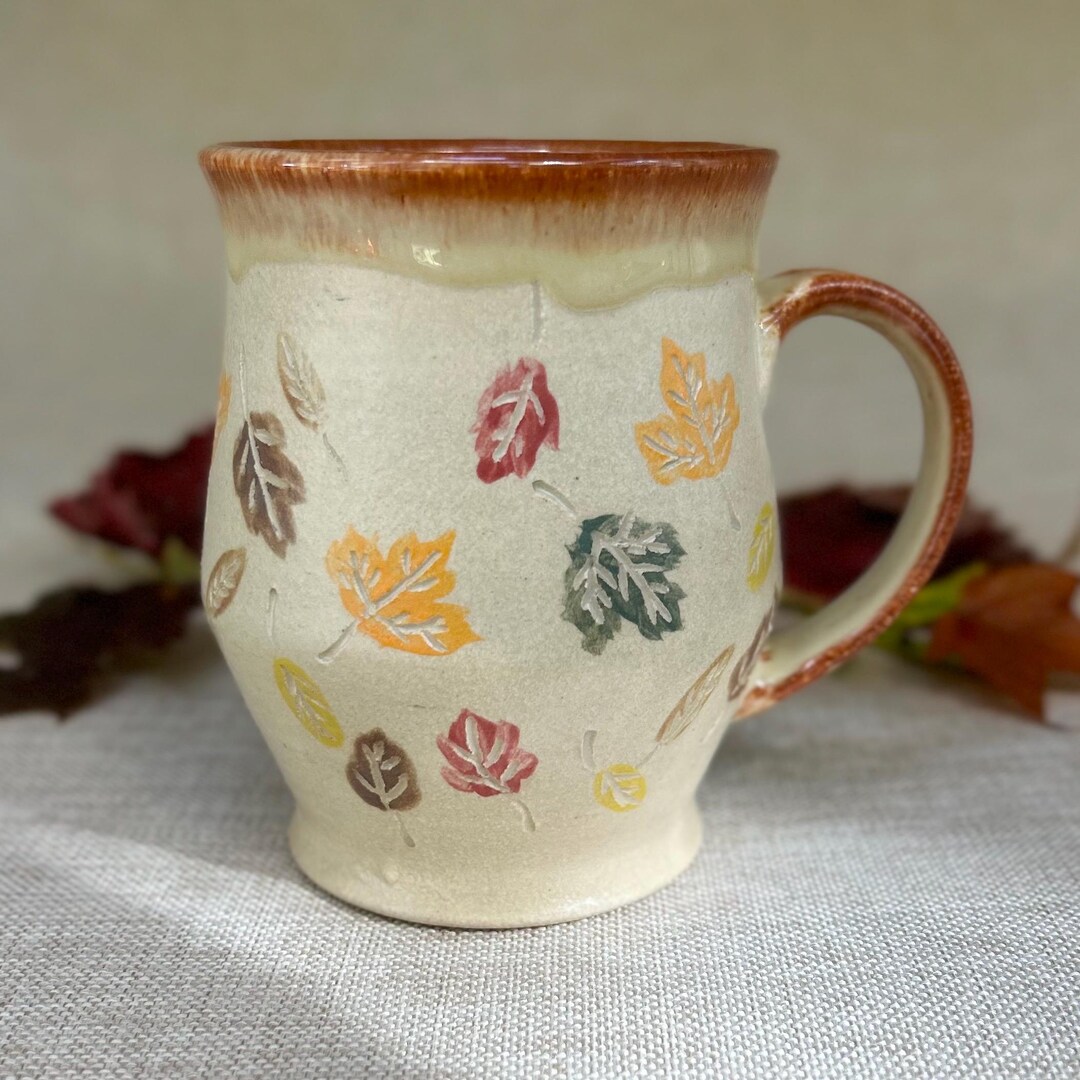 Hand-painted and Carved Fall Leaves Mug//handmade Autumn Mug 14oz ...