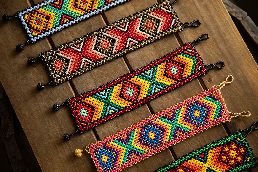 Indigenous Peyote Beaded Bracelet, Handmade Huichol Tribal Jewelry ...