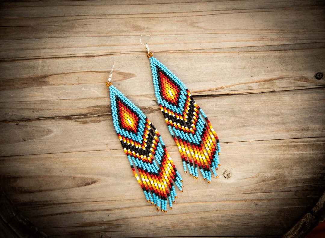 Indigenous Made Beaded Earrings, Long Fringe Beaded Earrings, Authentic ...