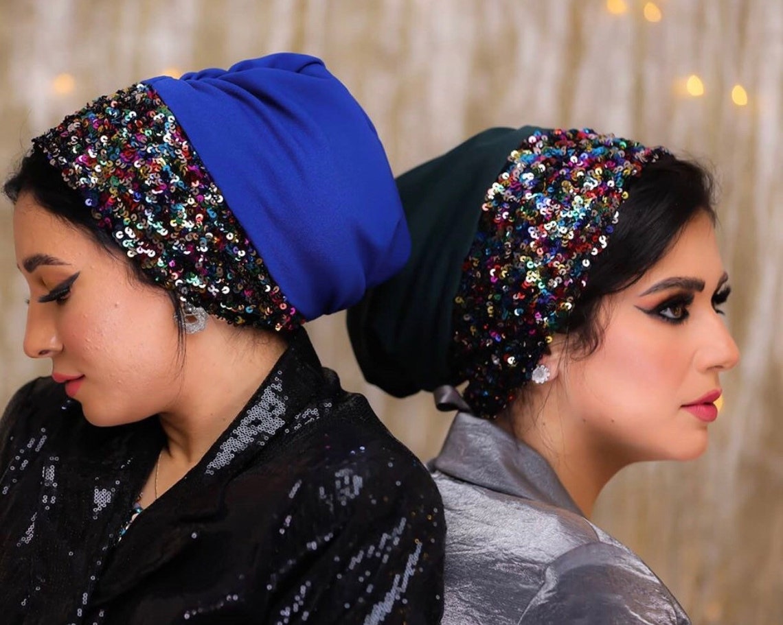 Drape Crepe Turban With Reversible Sequin Band Women Turban | Etsy