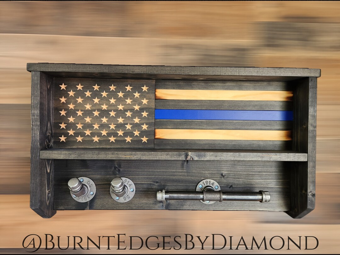 Thin Blue Line CNC STARS, Duty/gear Rack, Wooden, American Flag, Police ...