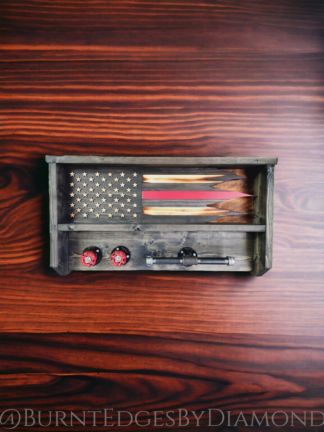 Rustic, Tattered, Thin Red Line, Duty/gear Rack, Wooden, American Flag ...