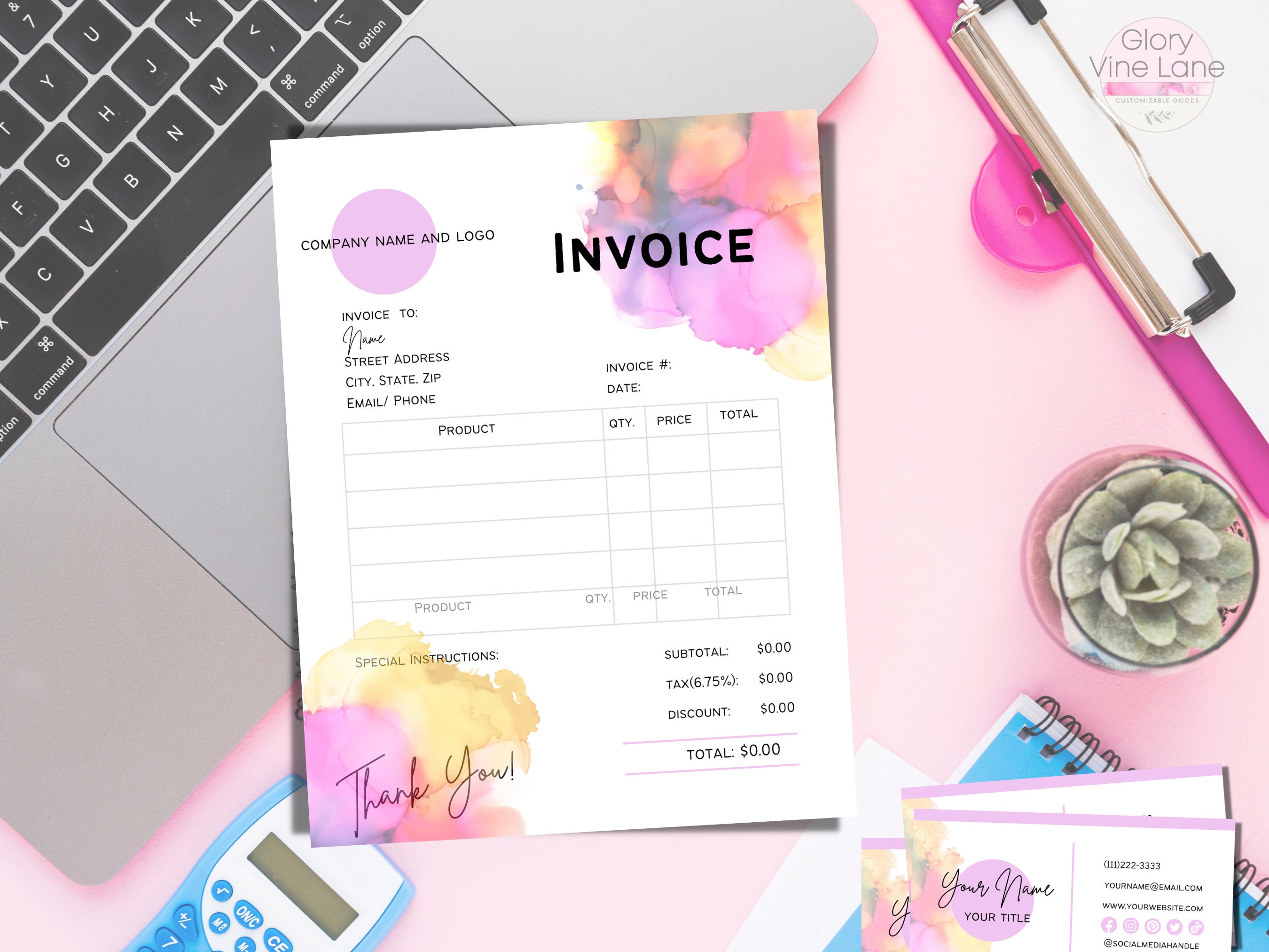 Pink Fire Watercolor Invoice Editable Template, Printable Invoice Form ...