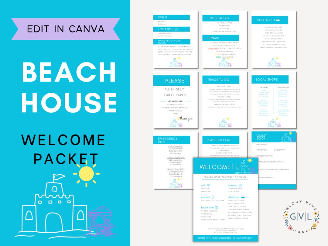 10 Pack, Beach House Rental Welcome Packet Editable Template, Welcome ...