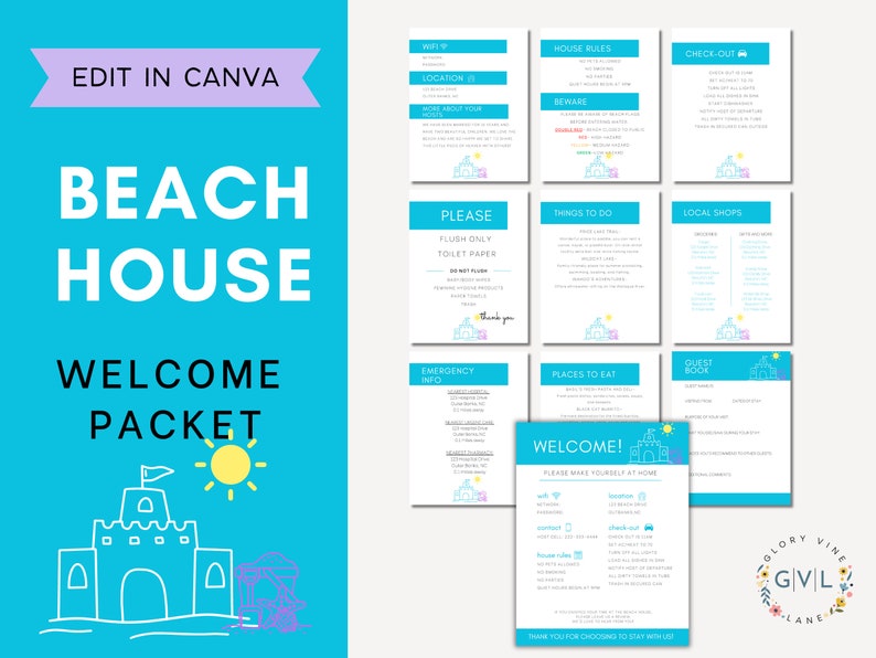 10 Pack, Beach House Rental Welcome Packet Editable Template, Welcome ...