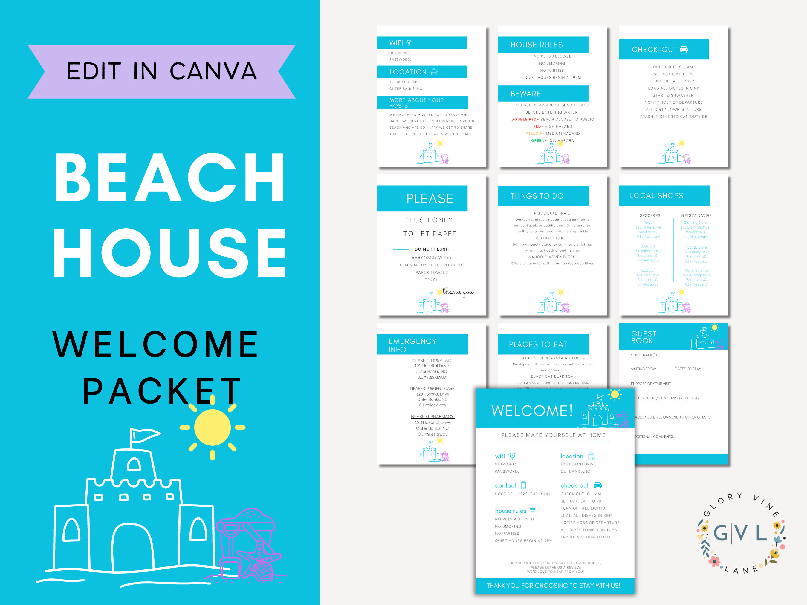 10 Pack, Beach House Rental Welcome Packet Editable Template, Welcome ...