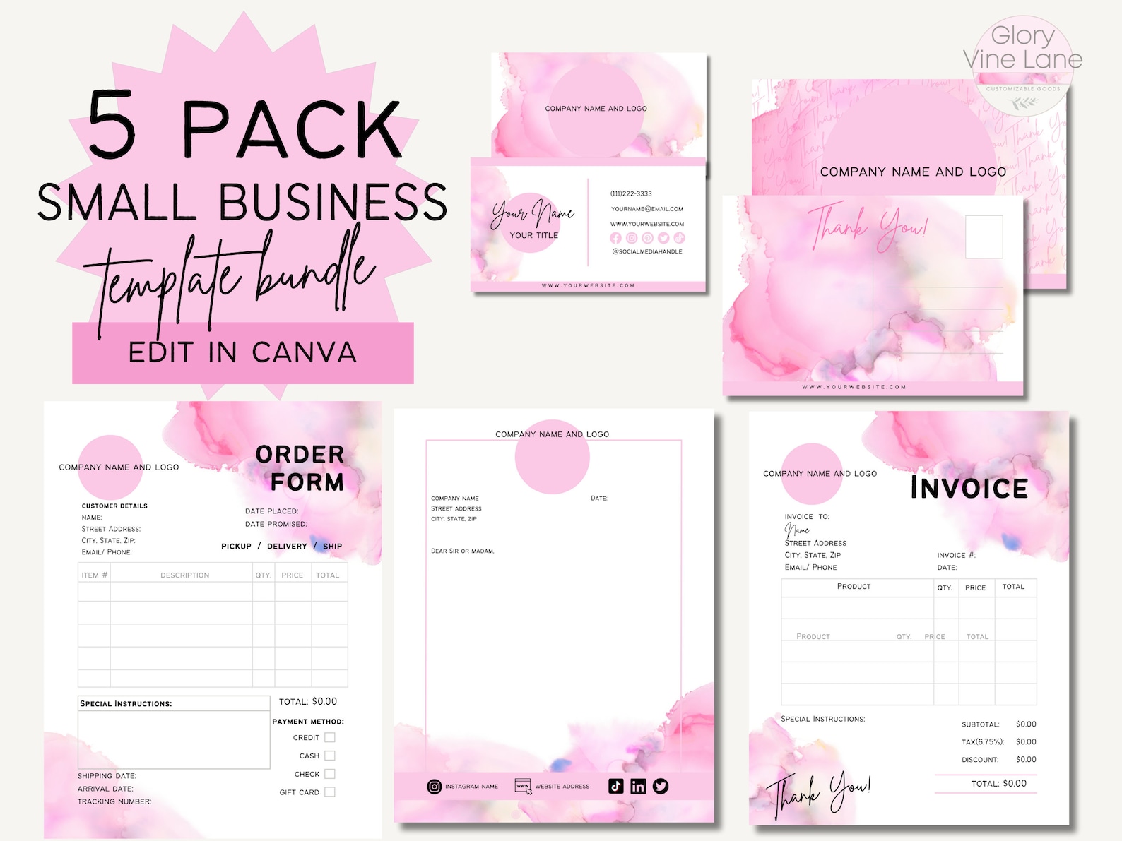 Cotton Candy Pink Watercolor Invoice Editable Template, Invoice Form ...