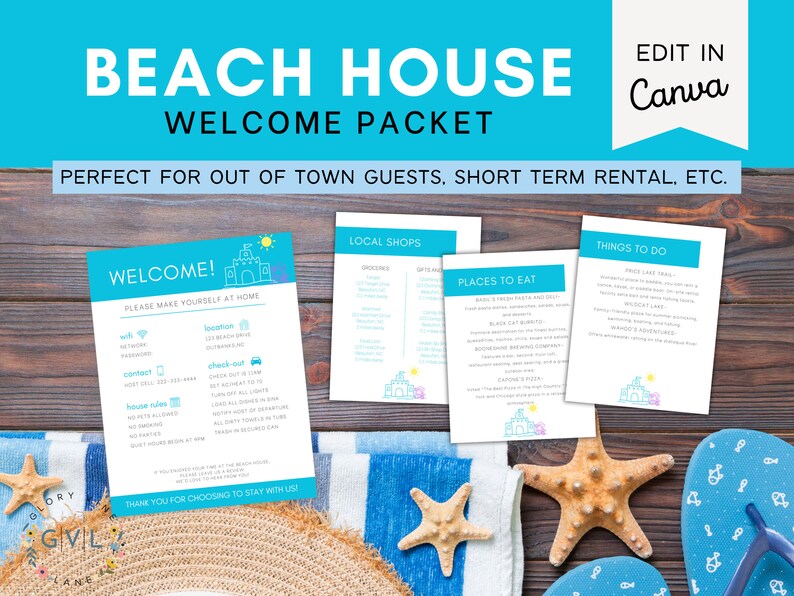10 Pack, Beach House Rental Welcome Packet Editable Template, Air Bnb ...