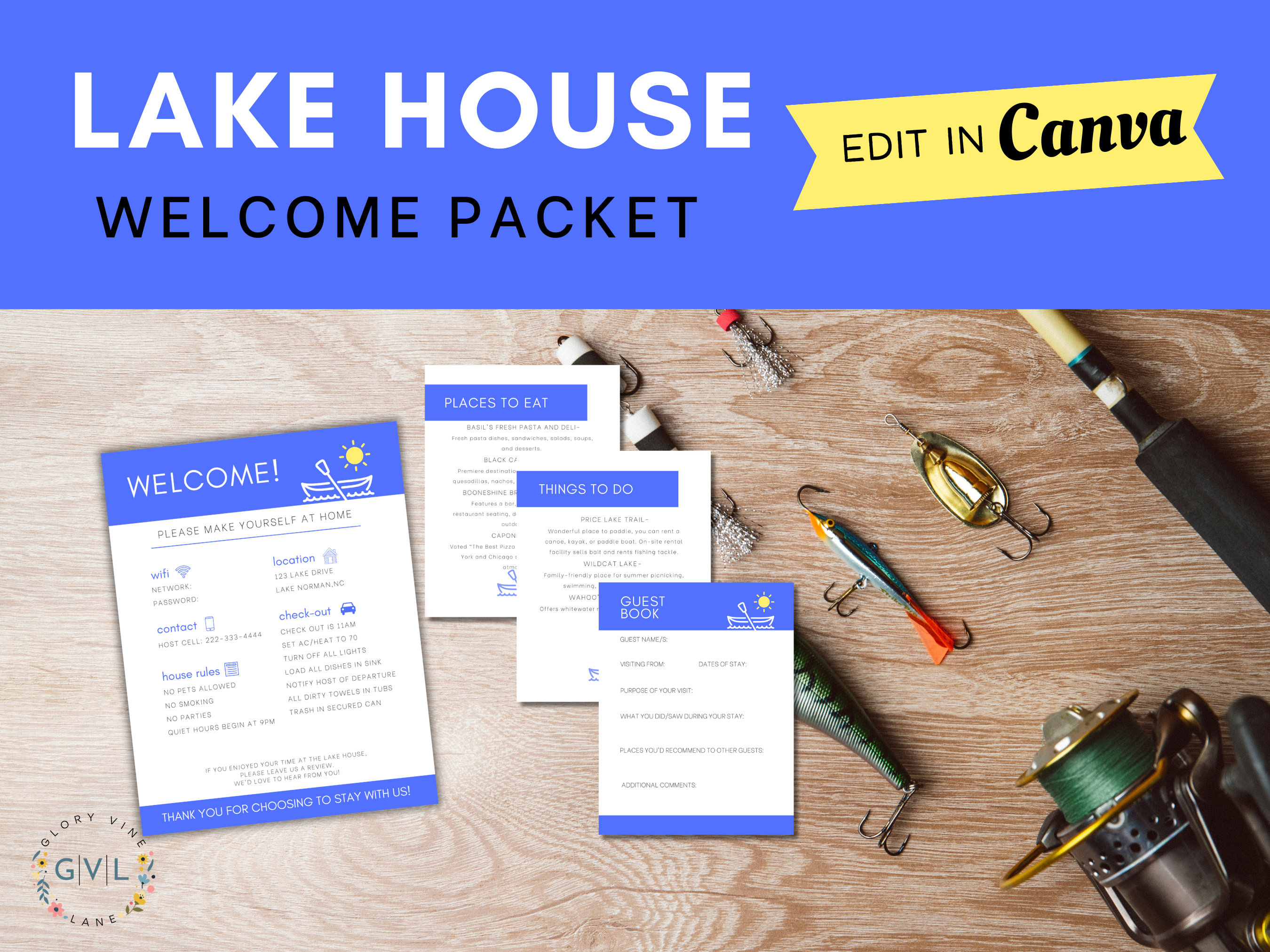 10 Pack, Lake House Rental Welcome Packet Editable Template, Bold ...
